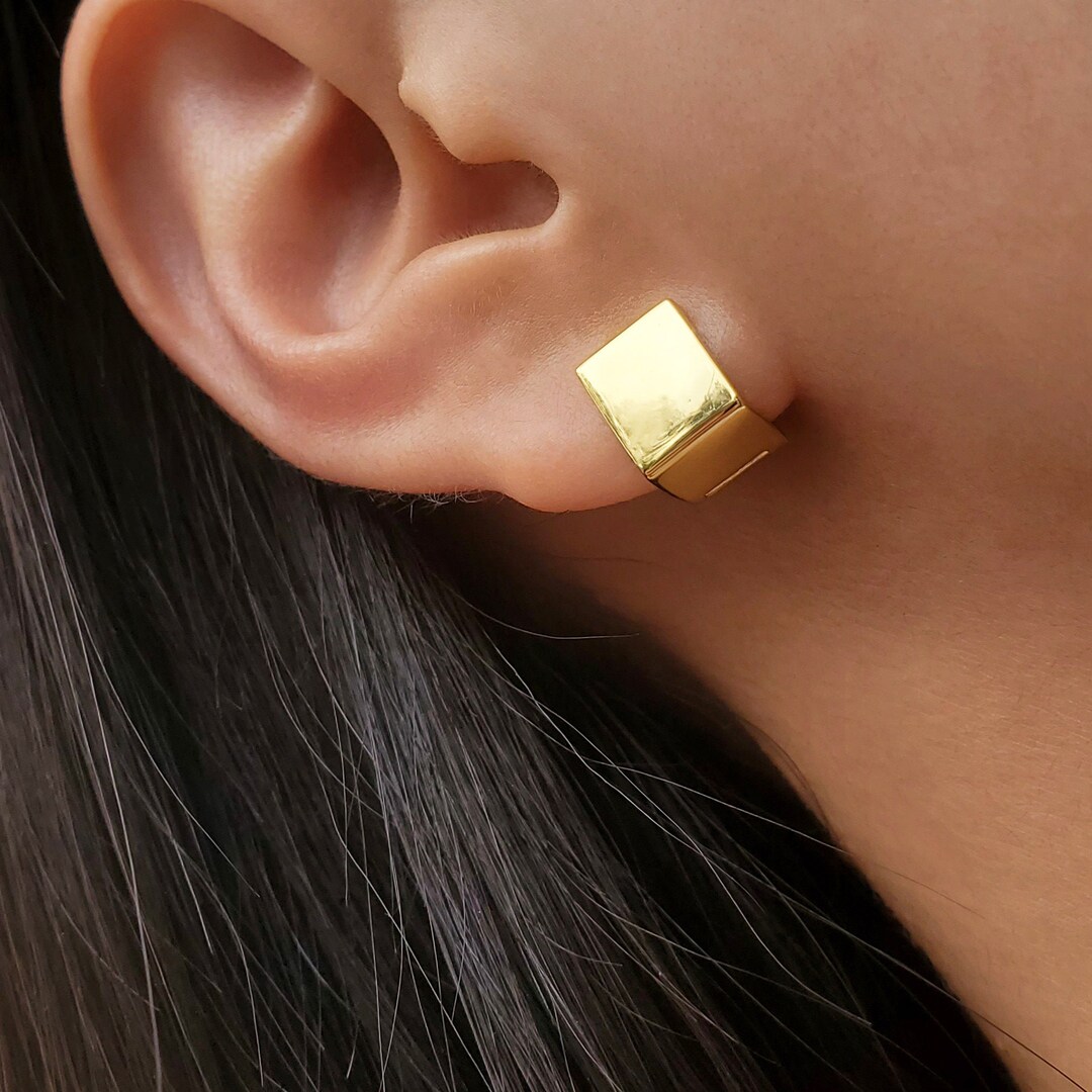 Square Earrings, Square Hoop Earrings, Gold Huggie Earrings, Chunky ...