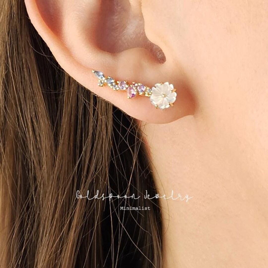 Floral Ear Climber - Dainty Ear Crawler - Floral Earrings - Mother of ...