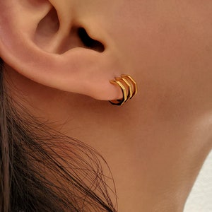 Triple Hoop Earrings, Gold Huggie Earrings, Open Hoop Earrings, Hexagon ...