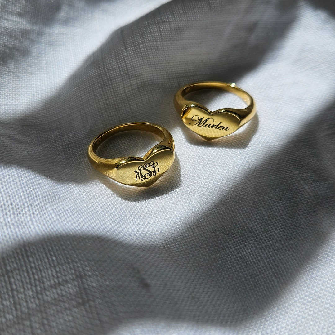 Custom Signet Ring - Heart Ring - Engraved Ring - Personalized Name ...