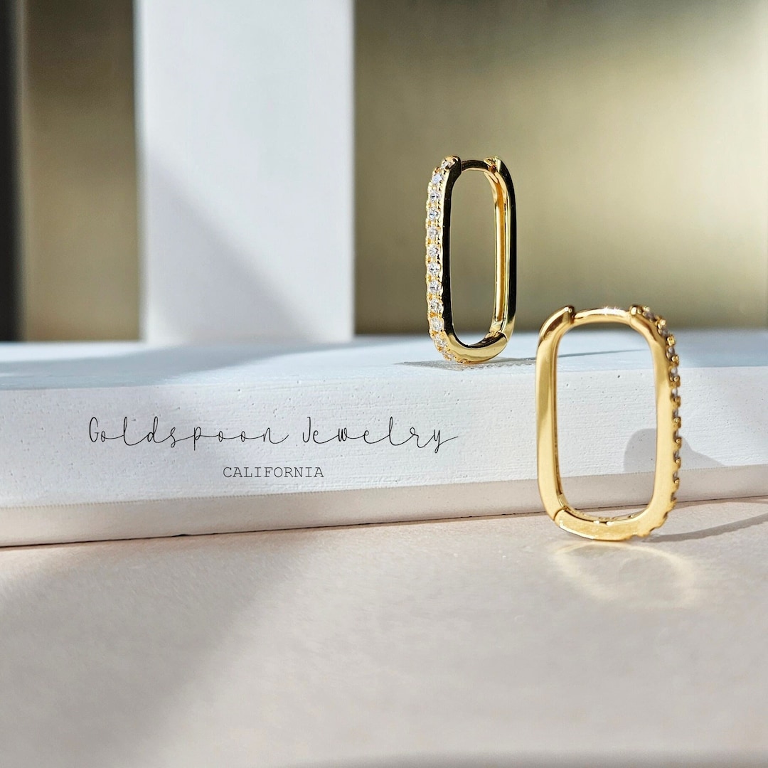 Gold Earrings - Rectangle Hoop Earrings - Oval Hoops - Rectangle ...
