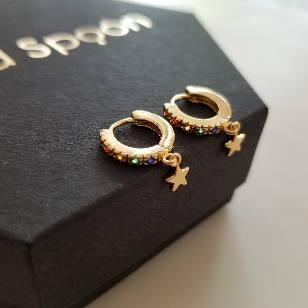 Rainbow Hoop Earrings, Rainbow Cubic Hoops, Tiny Hoop Earrings, Star ...