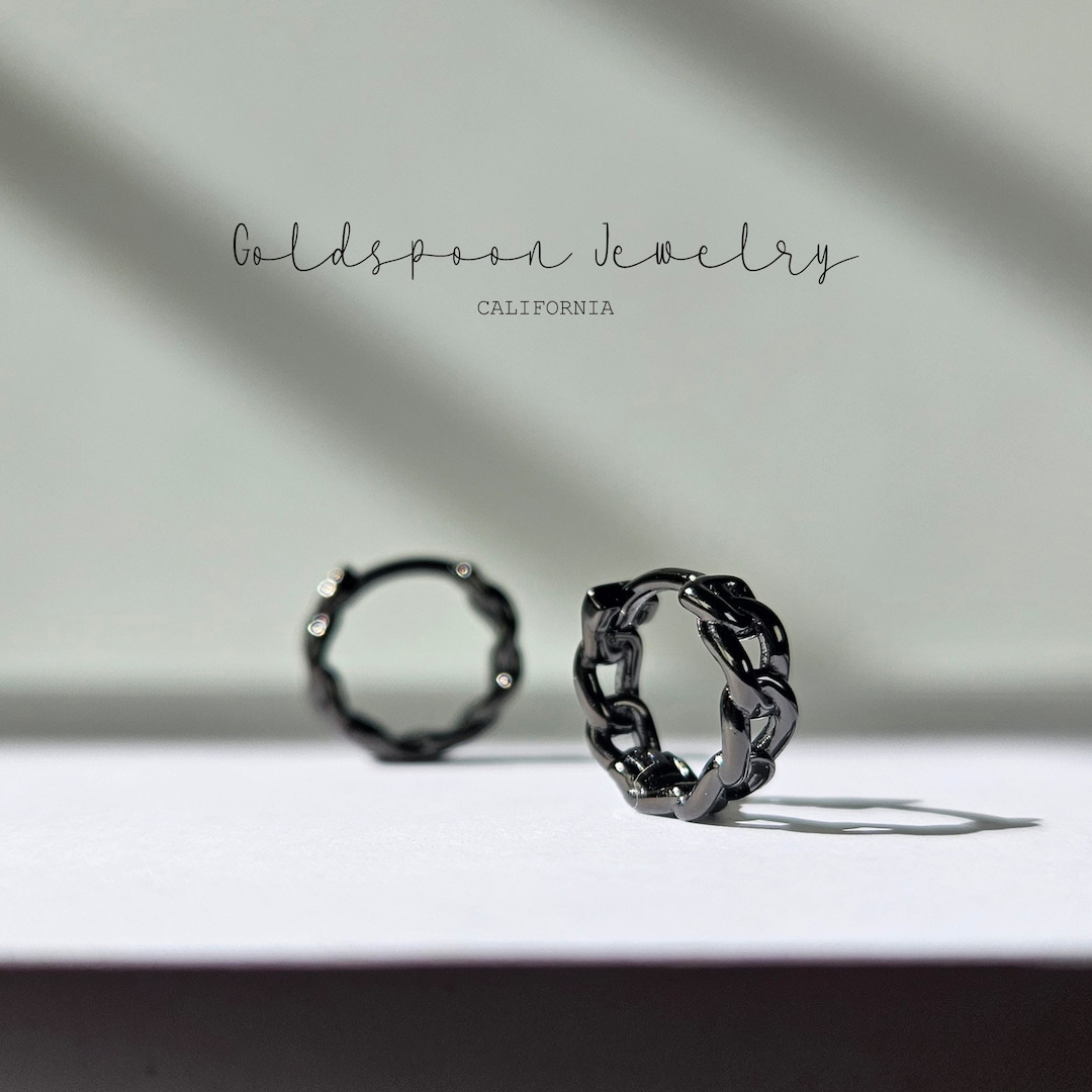 Chain Earrings - Chain Huggie Earrings - Black Huggie Earrings - Silver ...