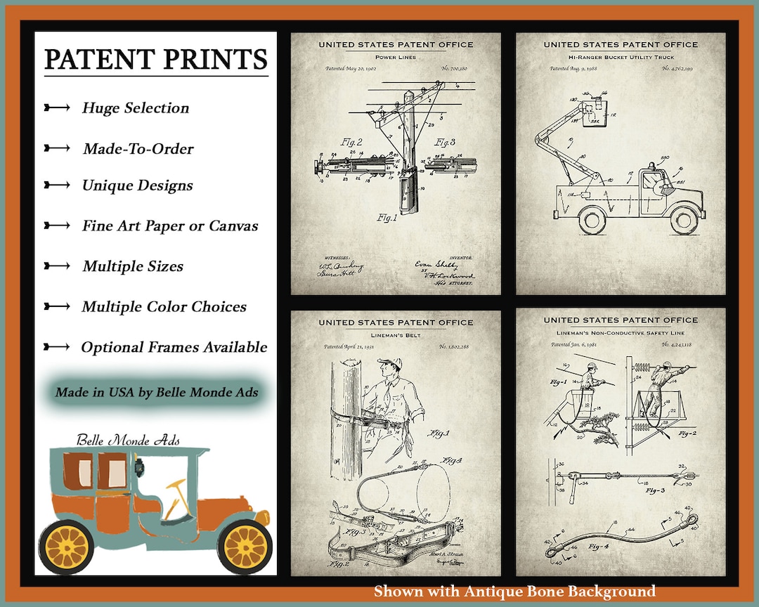 Lineman Set of 4 Patent Art Prints Retro Lineman Poster Set Vintage ...
