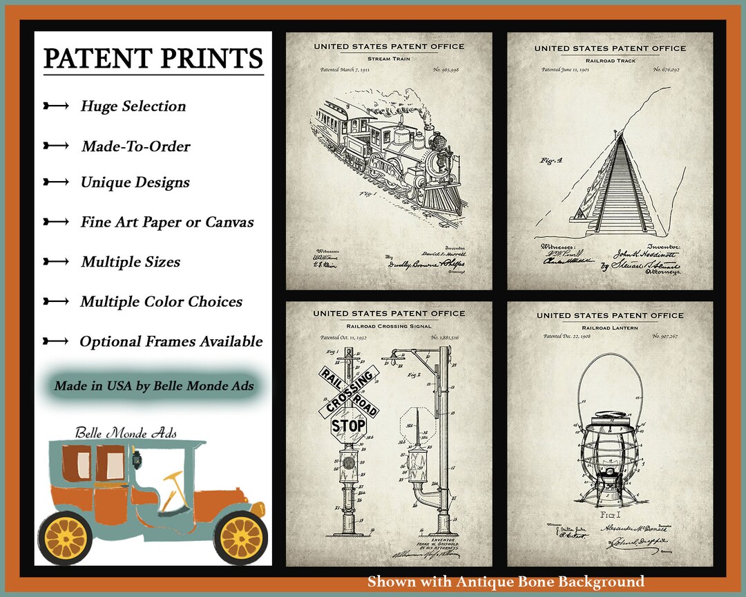 Antique Railroad Set of 4 Patent Prints Railroad Poster Set Historic ...