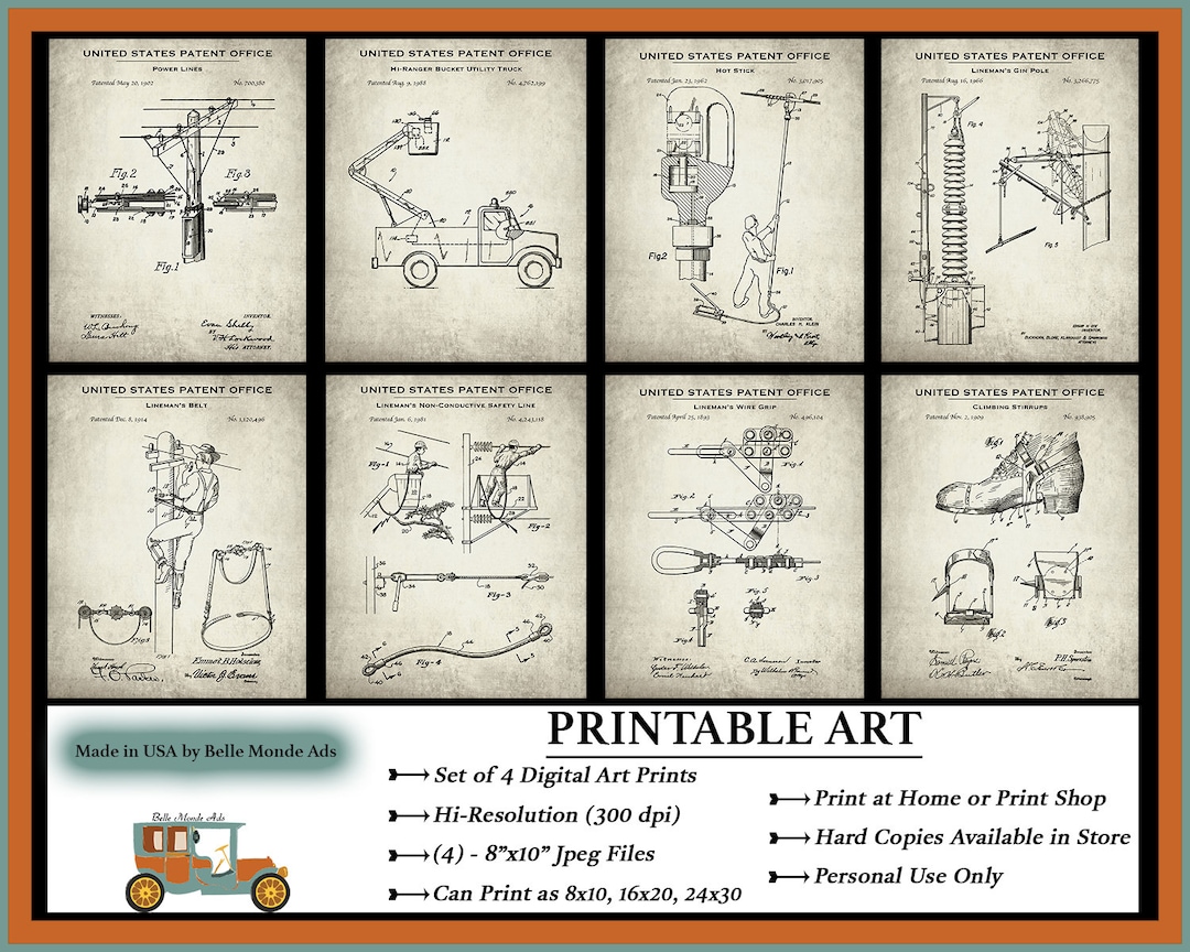 PRINTABLE Vintage Lineman Patent Print Set of 8 Digital Lineman ...