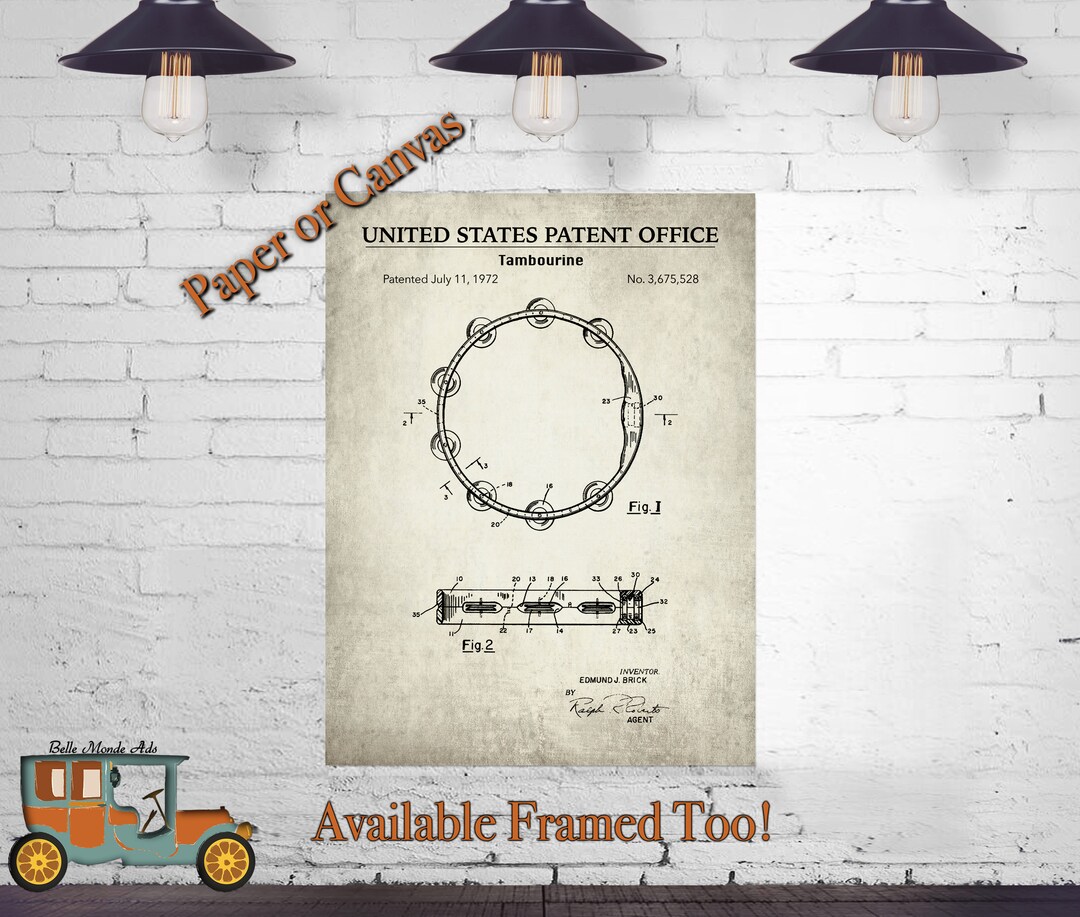 1972 Tambourine Patent Art Print Historical Tambourine Invention Print ...