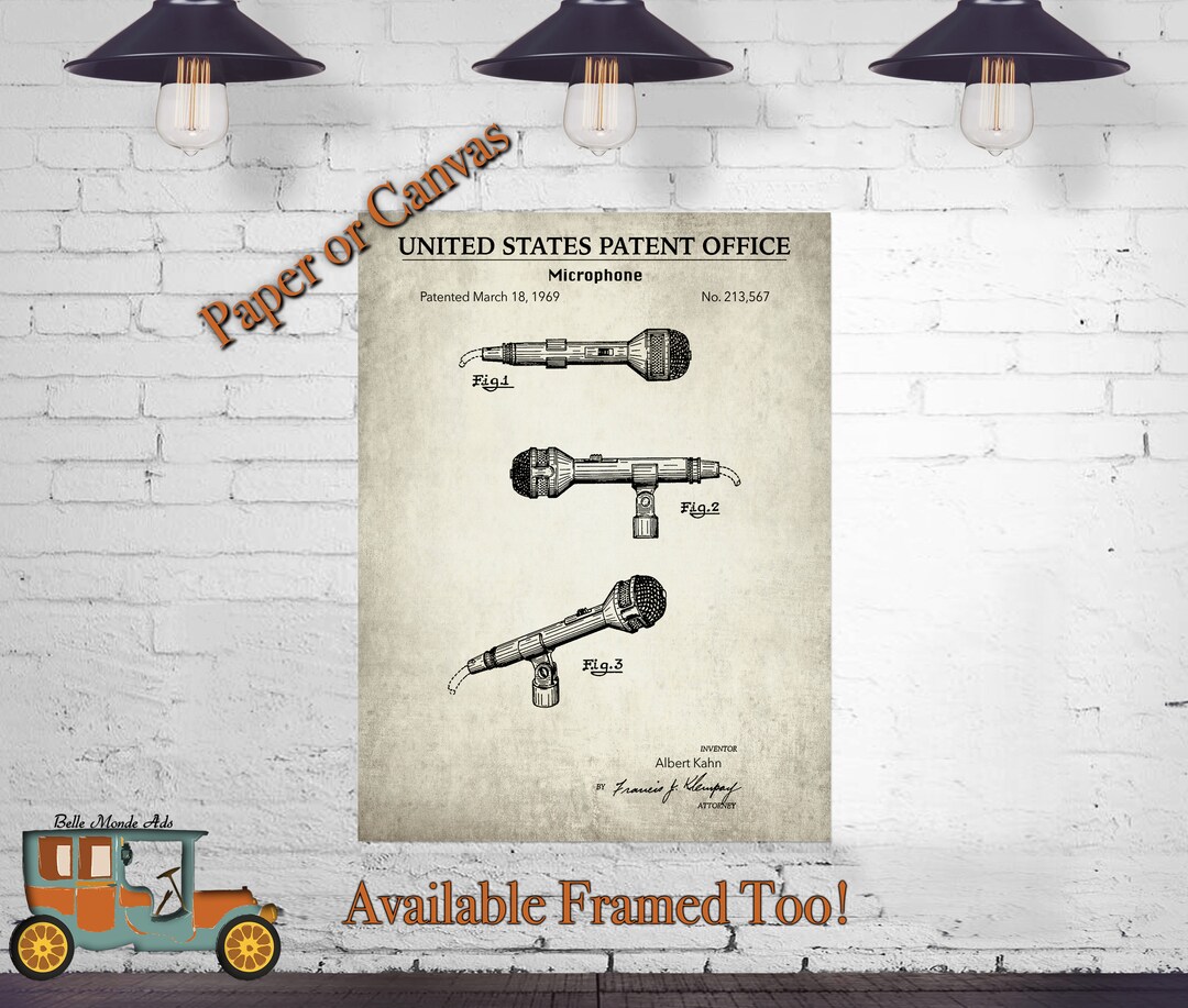 1969 Microphone Patent Art Print Historical Music Invention Musician ...