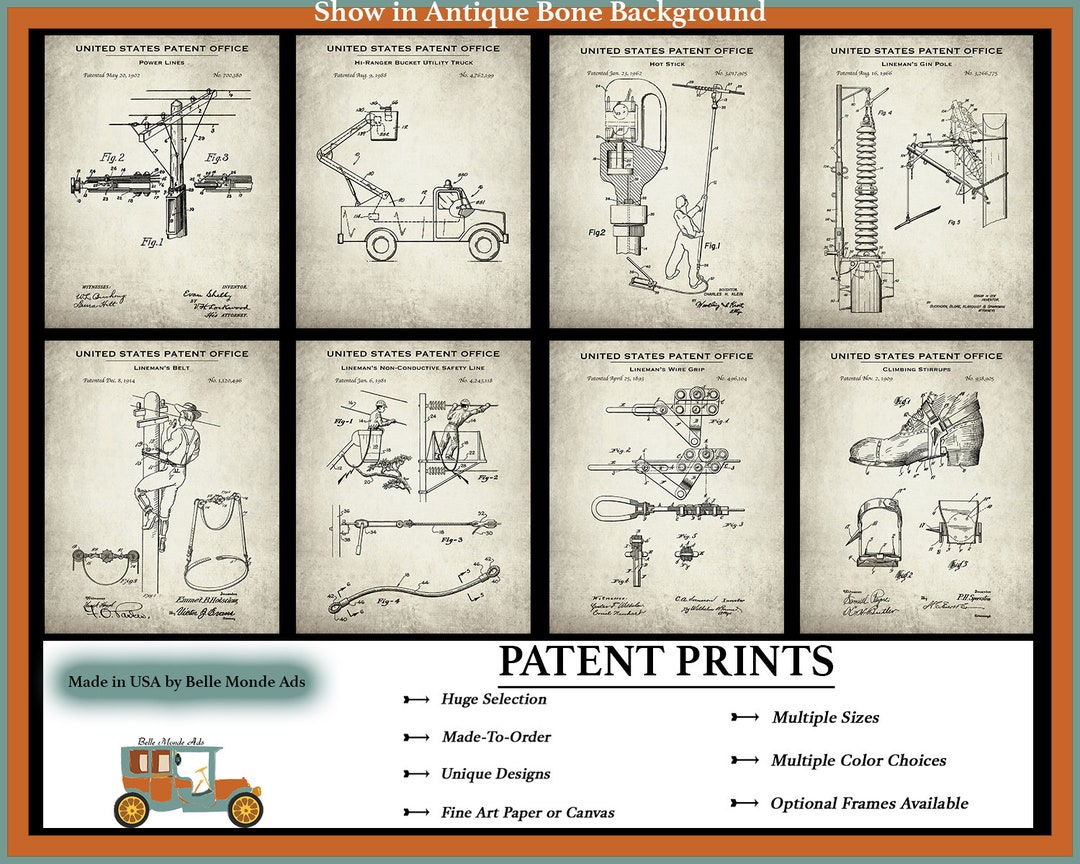 Vintage Lineman Patent Print Set of 8 Lineman Poster Set - Etsy