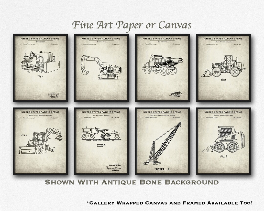 Construction Vehicles Set of 8 Patent Art Prints Heavy Equipment Poster ...