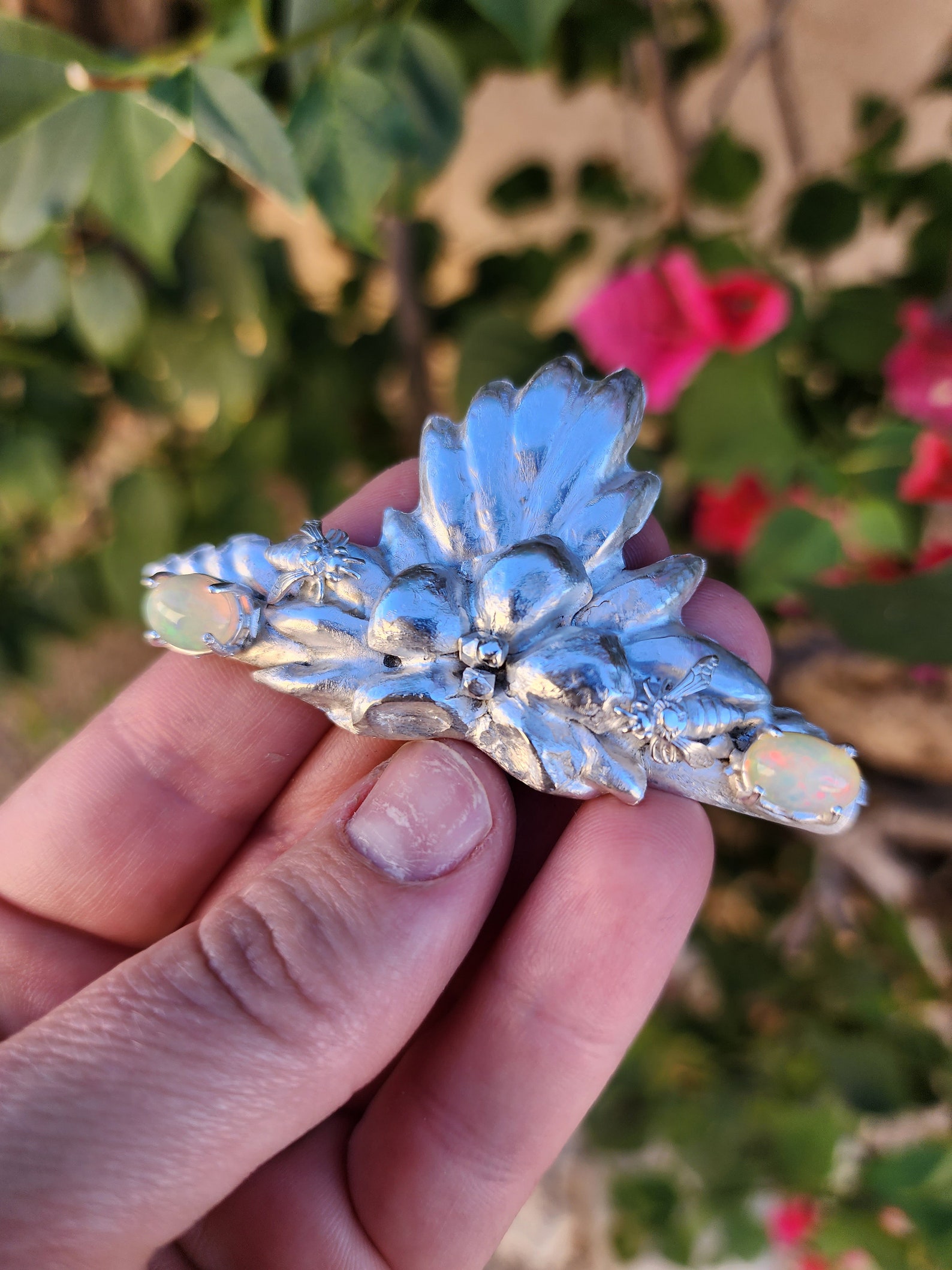 Welo Opal Sterling Silver Flower Power & Tropical Leaves Hair Barrette ...