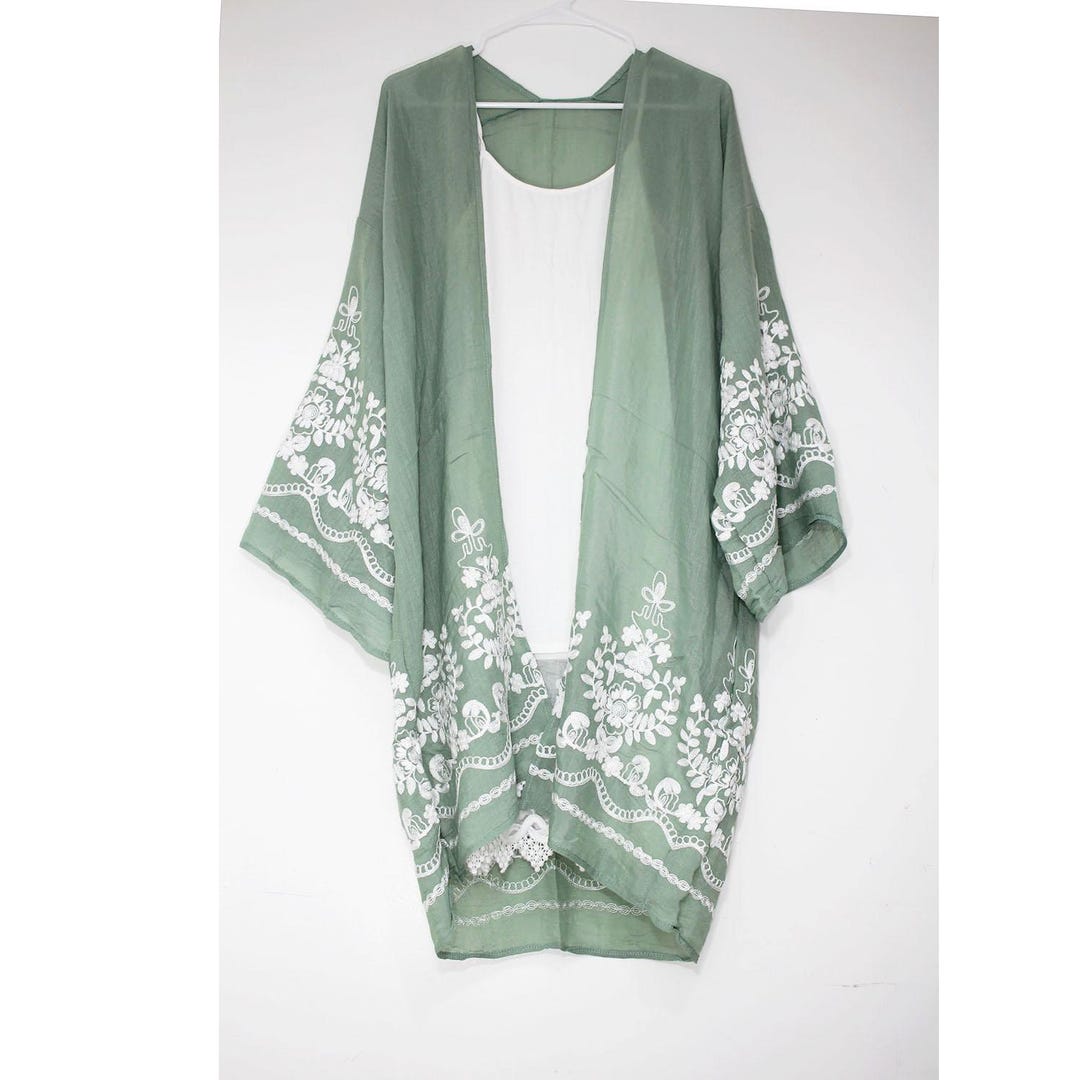 Embroidered Flower Womens Kimonos, Sage Green Embroidery Floral Boho ...