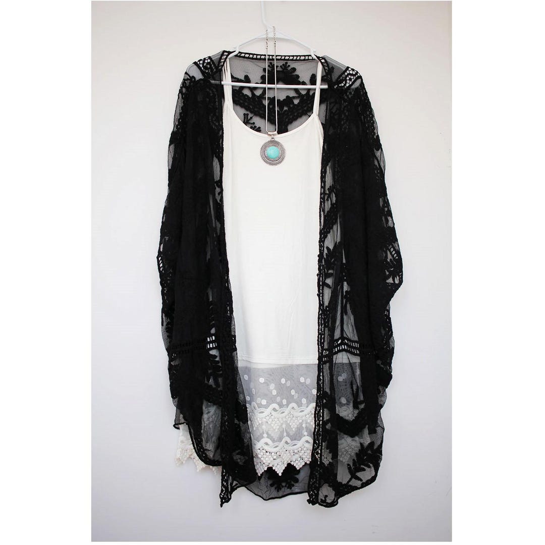 Black Lace Leaf Pattern Womens Kimonos, Summer Spring Kimono Duster ...
