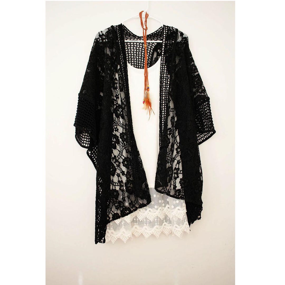 Lace Womens Kimonos, Black Lace Crochet Kimono Duster, Kimonos With ...