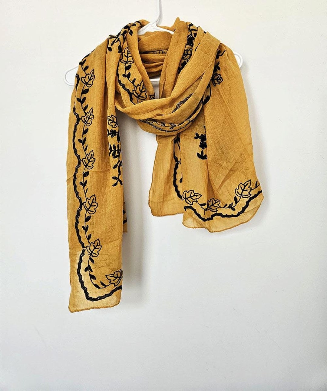 Embroidered Scarves, Mustard Yellow Black Embroidery Scarf Womens Shawl ...