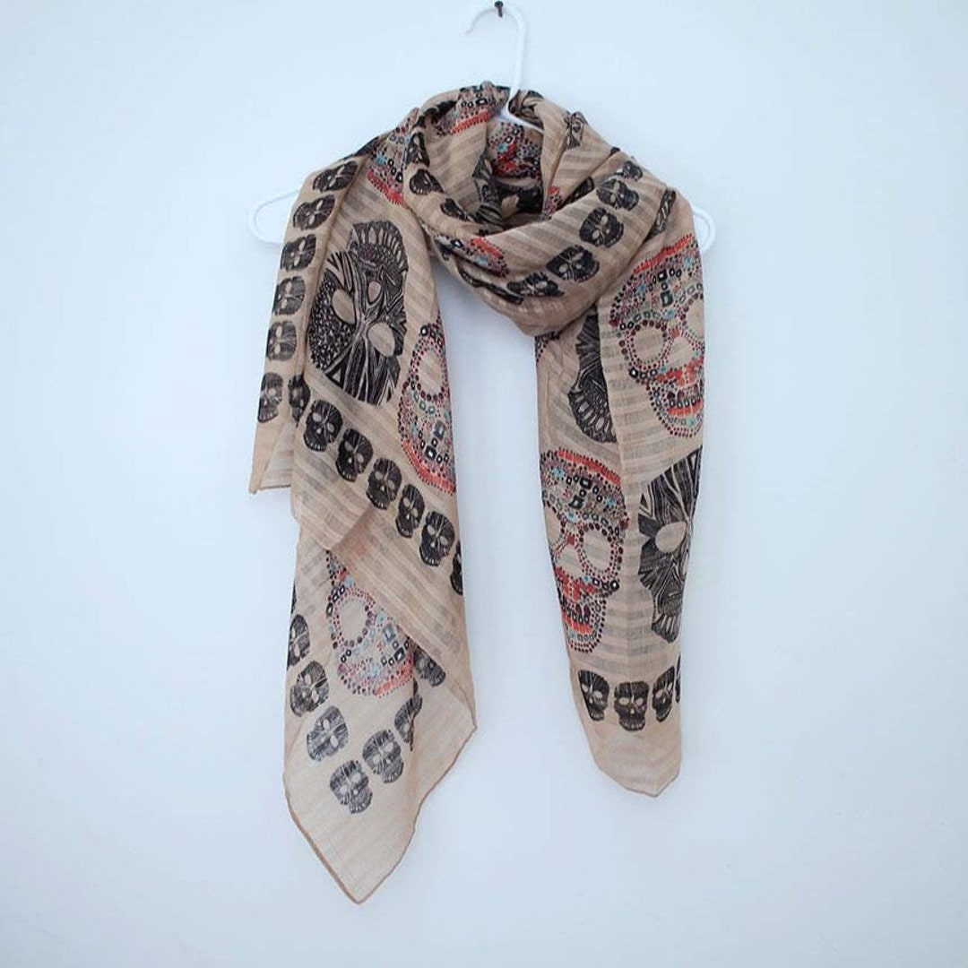 Skull Halloween Scarves Tan Skeleton Print Scarf for Women Fall Autumn ...