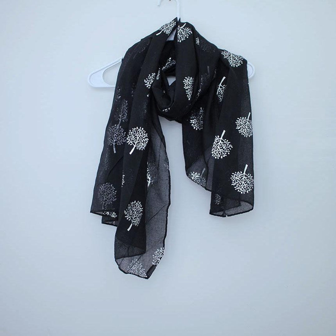 Tree Scarves Silver Foil Tree Print Black Scarf for Women Lightweight ...