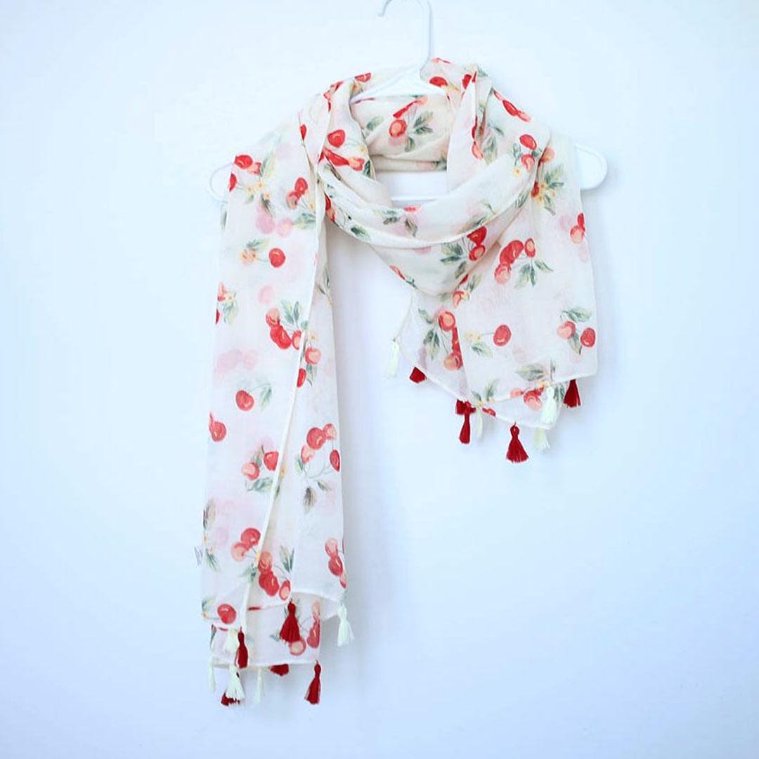 Cherry Scarves Soft Tassel Cherry Fruit Scarf for Women Fall Autumn ...