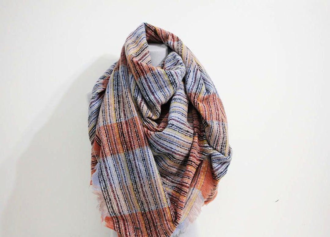 Winter Scarf - Lightweight Autumn Soft Scarves - Blue Coral Plaid ...