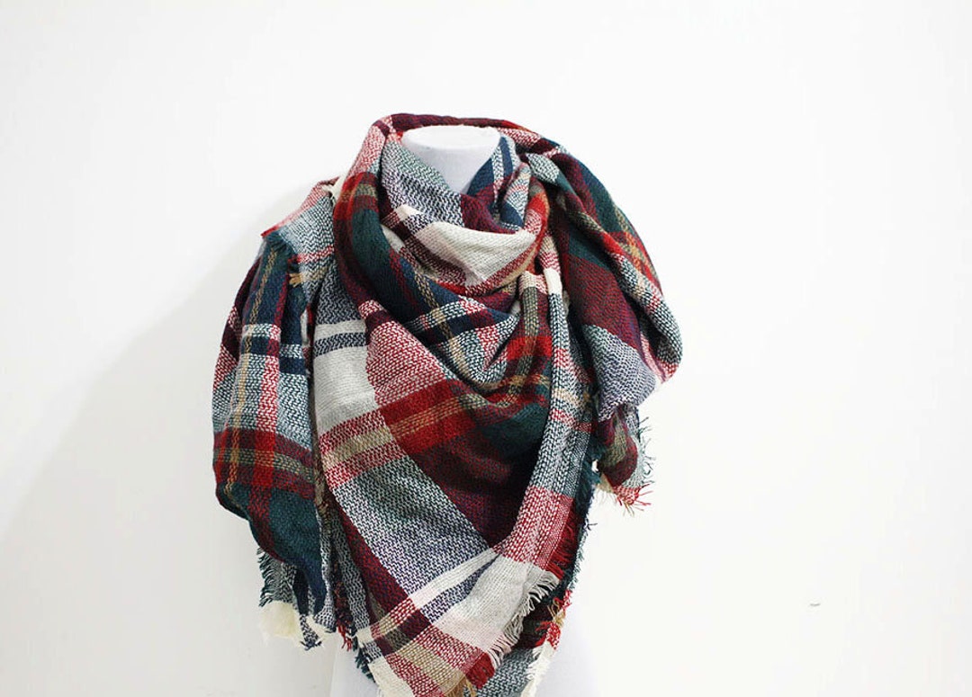 Red Green Plaid Fall Winter Scarf Classic Tassel Plaid Tartan Scarf ...