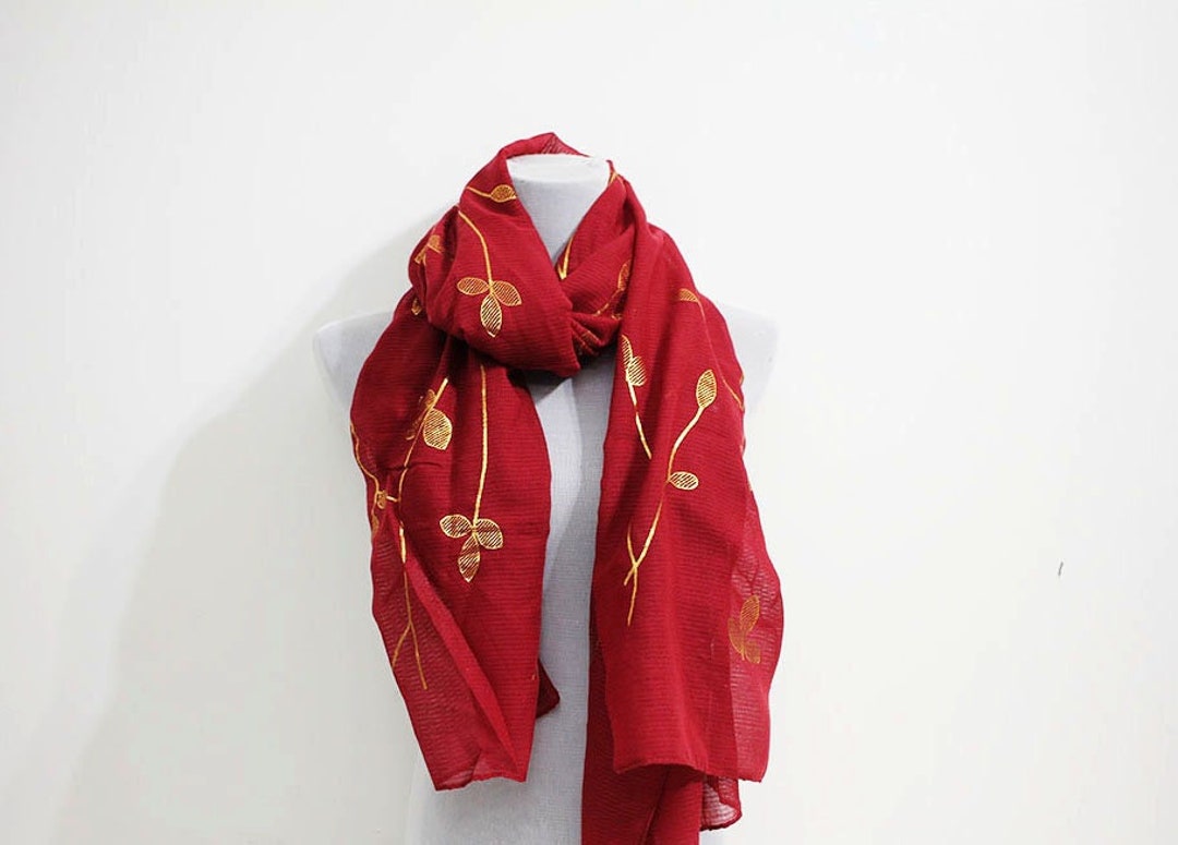 Gold Leaf Scarf, Red Botanical Scarf, Woman's Scarf, Woman's Shawl ...