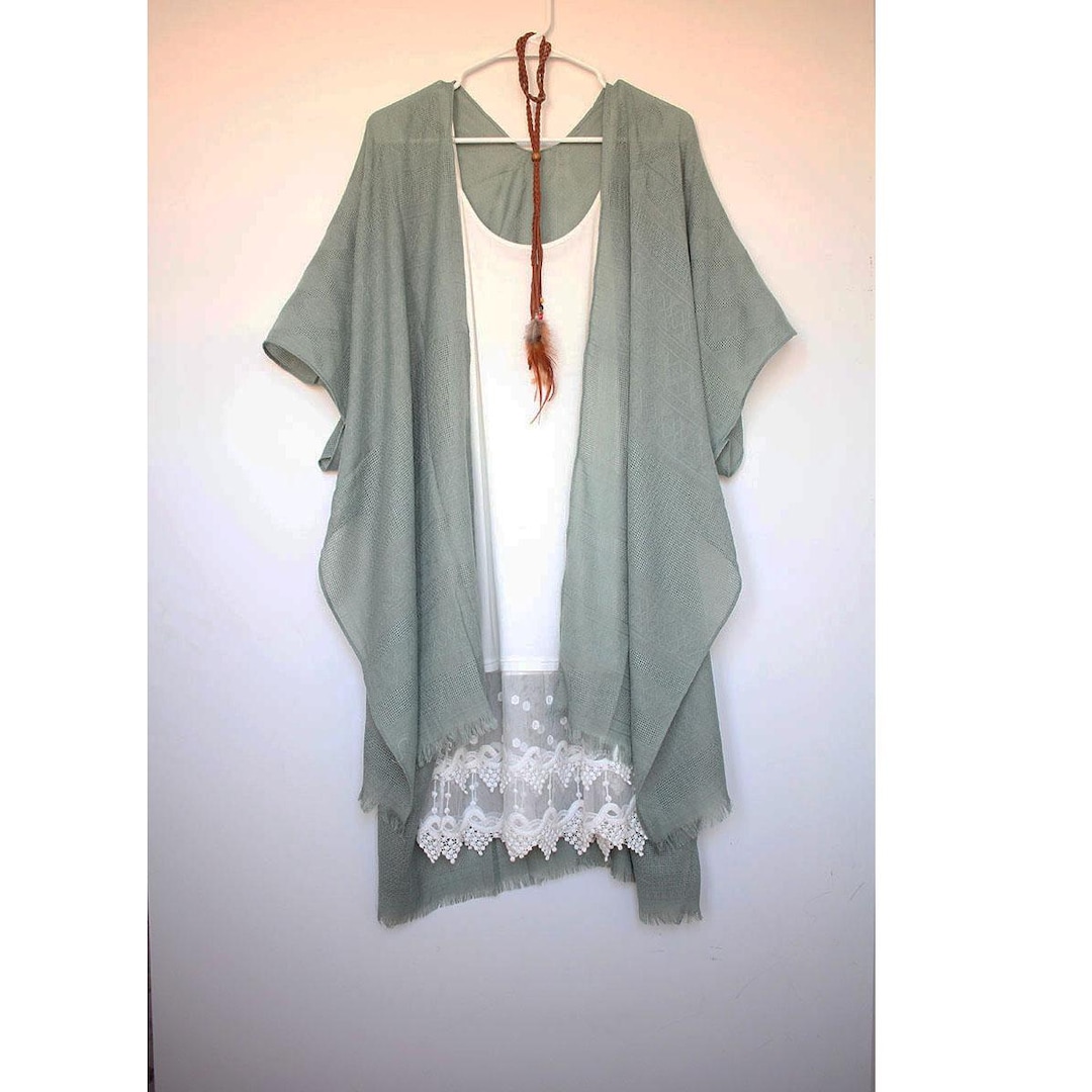 Womens Kimonos, Sage Green Solid Color Textured Kimono Duster, Kimonos ...