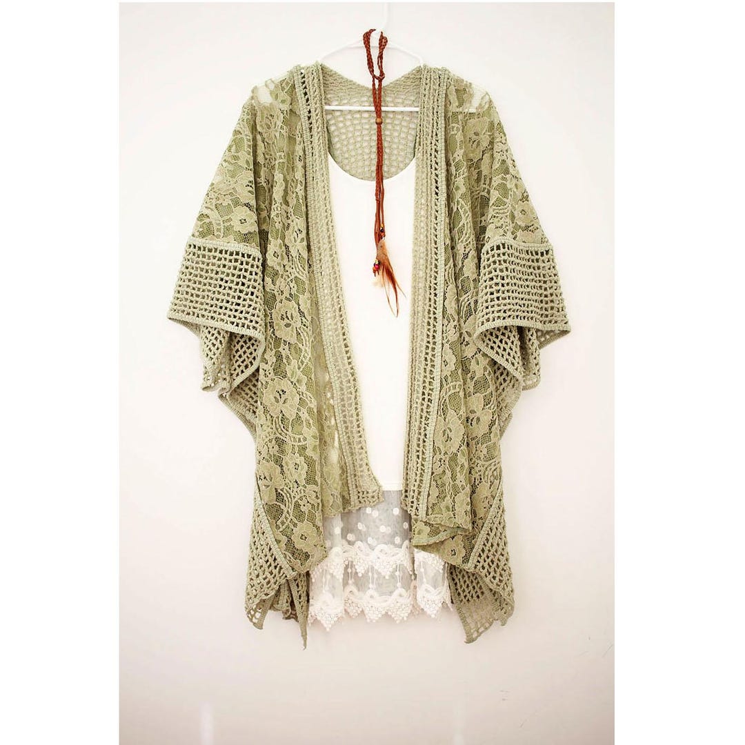 Lace Womens Kimonos, Sage Green Lace Crochet Kimono Duster, Kimonos ...