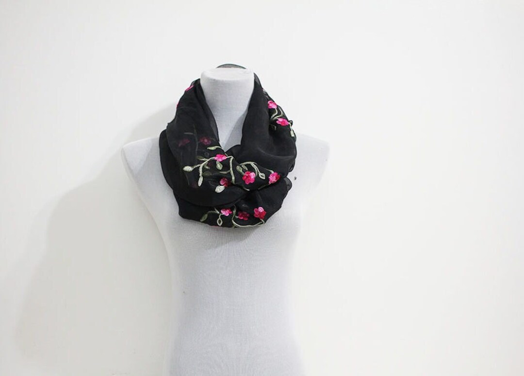 Elegant Embroidered Silky Infinity Scarf Rose Flower Embroidery Scarves ...