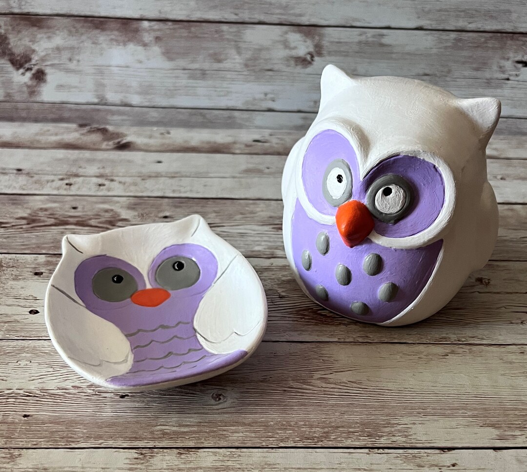 White Ceramic Owl Figurine and Jewelry Dish Set - Etsy