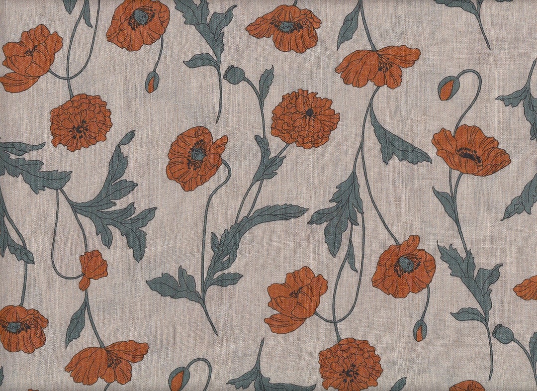 32.90 Eur/meter Japanese Linen Fabric 50 Cm X 110 Cm Poppies Natural ...