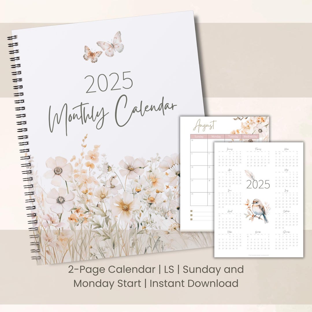 2025 Monthly Calendar | Woodland Flowers | LS | Sun & Mon Starts | 2 ...