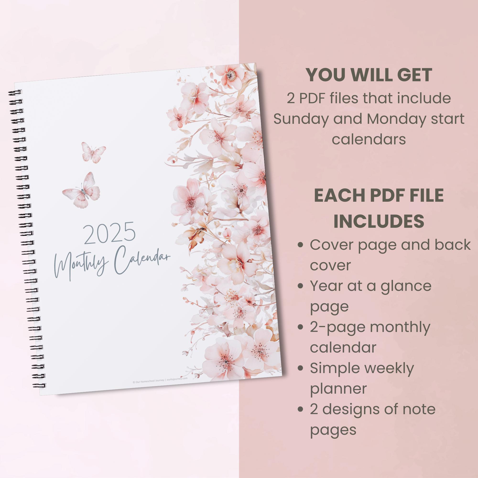 2025 Monthly Calendar | Pink Flowers and Butterflies | Sun & Mon Starts ...