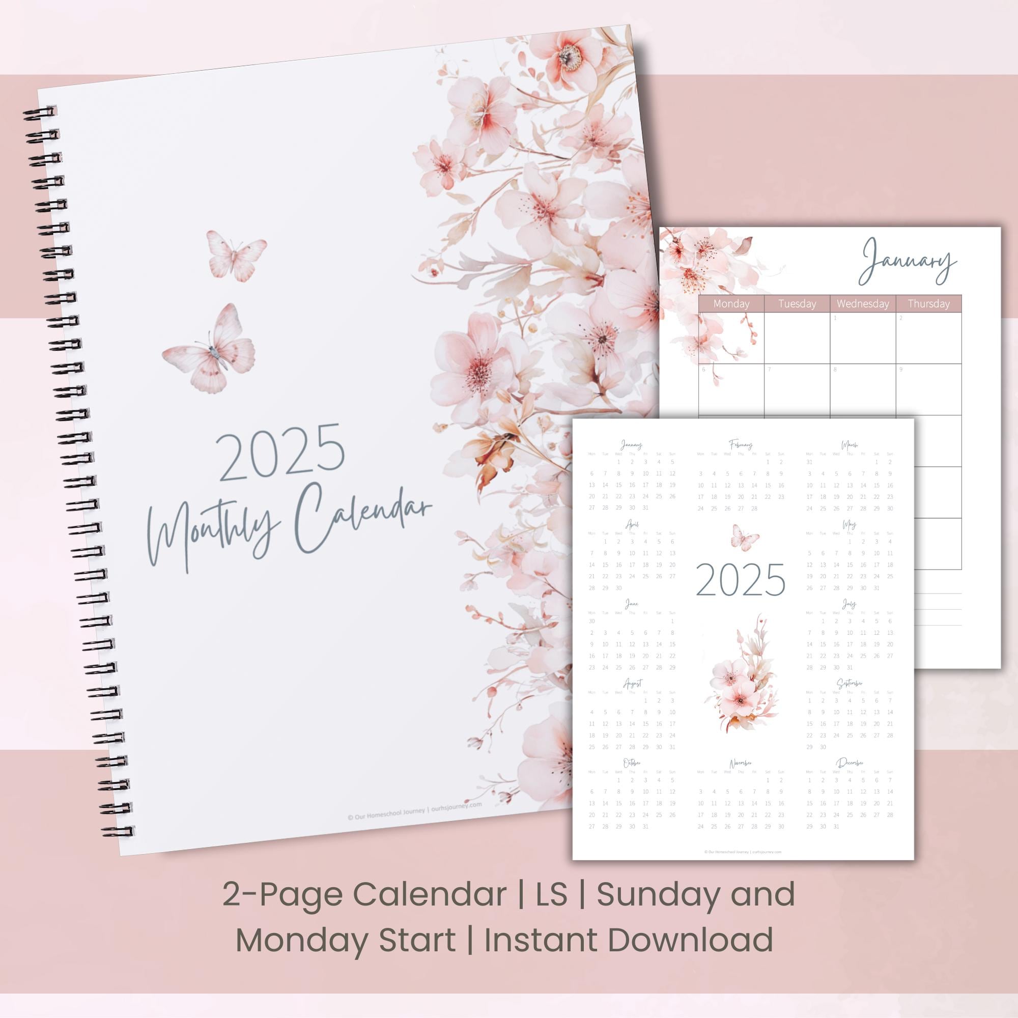 2025 Monthly Calendar | Pink Flowers and Butterflies | Sun & Mon Starts ...