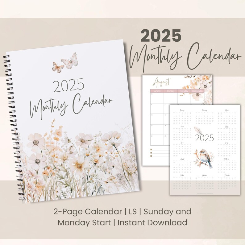 2025 Monthly Calendar | Woodland Flowers | LS | Sun & Mon Starts | 2 ...
