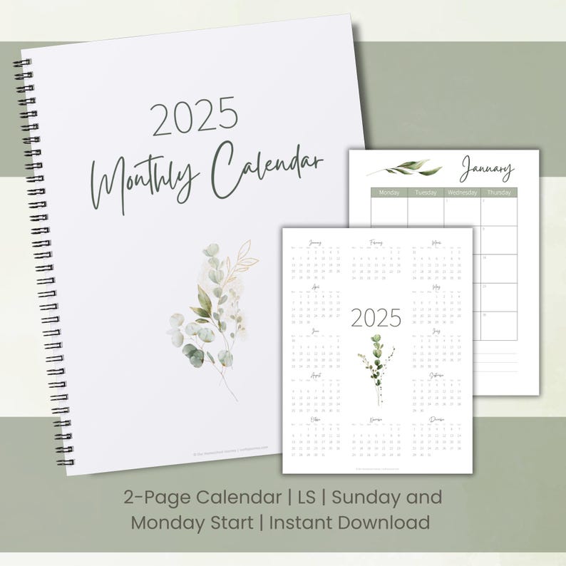 2025 Monthly Calendar | Greenery Minimalism | LS | Sun & Mon Starts | 2 ...