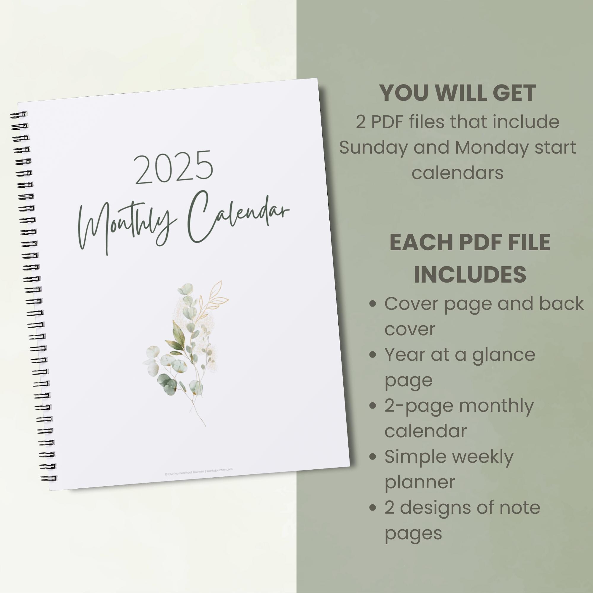 2025 Monthly Calendar | Greenery Minimalism | LS | Sun & Mon Starts | 2 ...