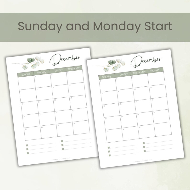 2025 Monthly Calendar | Greenery Minimalism | LS | Sun & Mon Starts | 2 ...