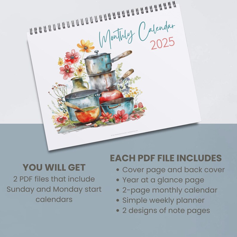 2025 Monthly Calendar | Pots and Flowers | LS | Sun & Mon Starts | 1 ...