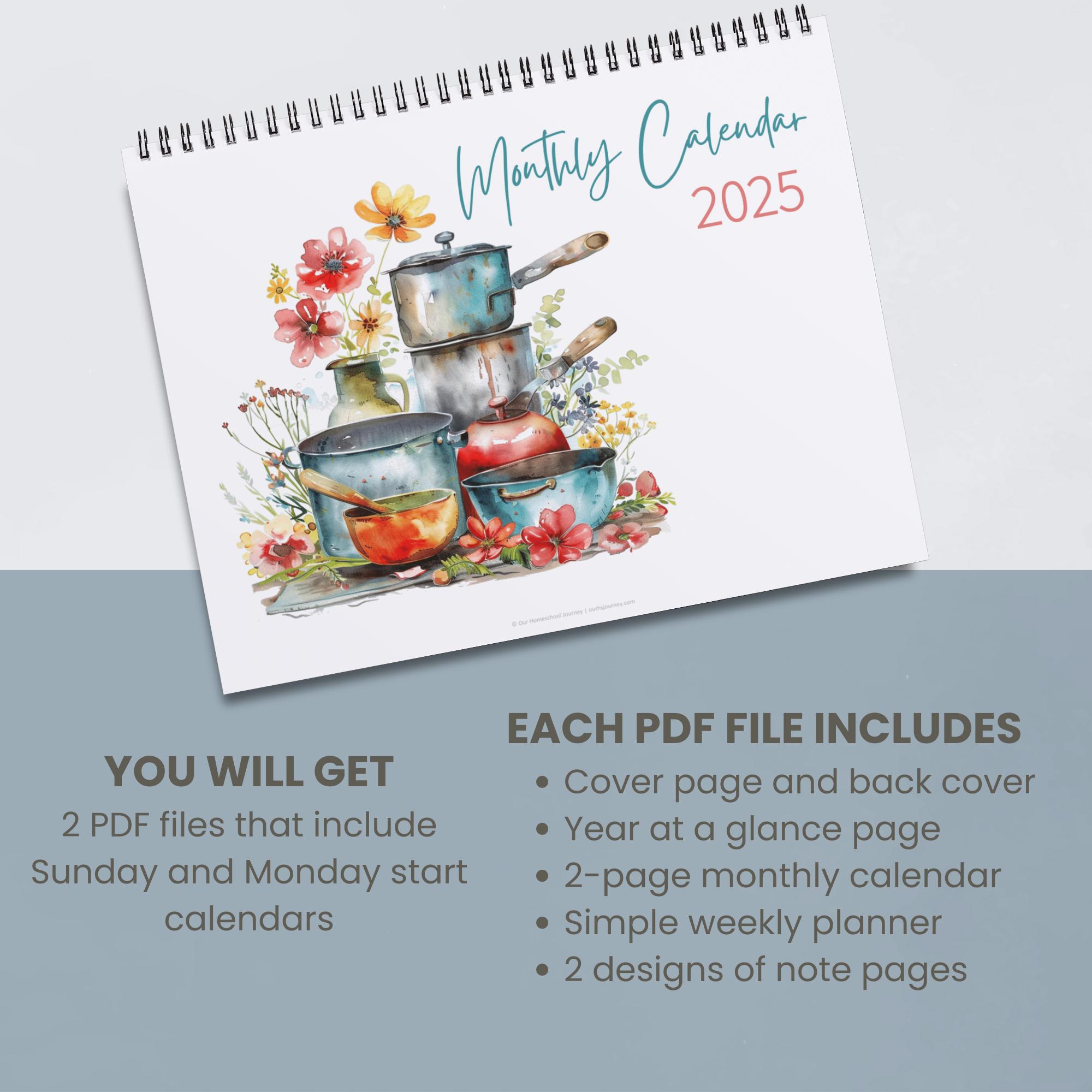 2025 Monthly Calendar | Pots and Flowers | LS | Sun & Mon Starts | 1 ...