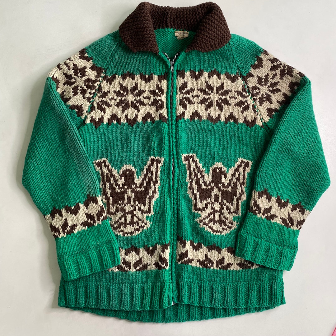 Vintage Hand Knit 100% Wool Cowichan Siwash Sweater Jacket Thunderbird ...