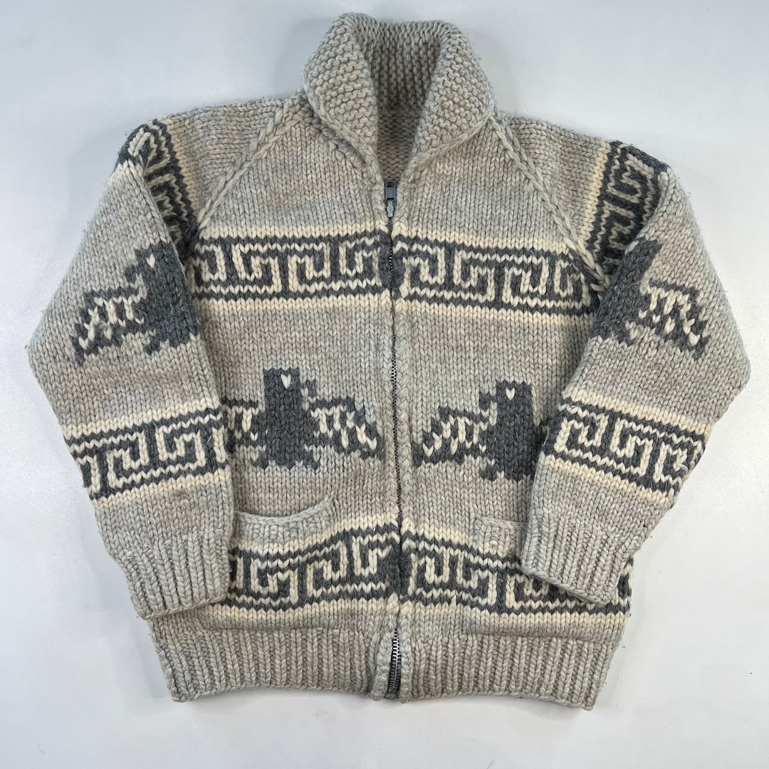 Vintage Hand Knit 100% Wool Cowichan Siwash Sweater Jacket Thunderbird ...
