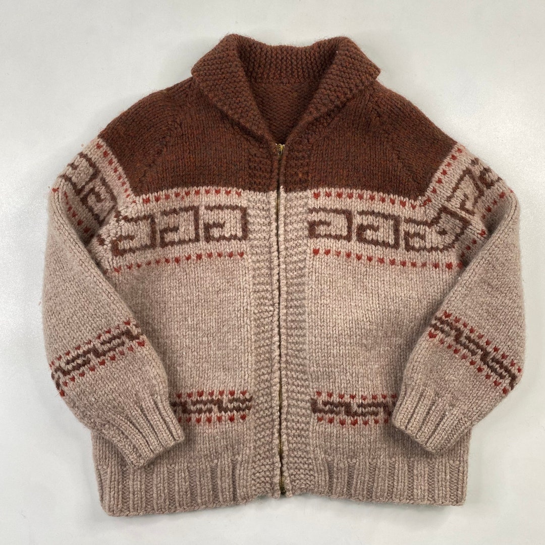 Vintage Hand Knit 100% Wool Cowichan Siwash Sweater Jacket Brown Red ...