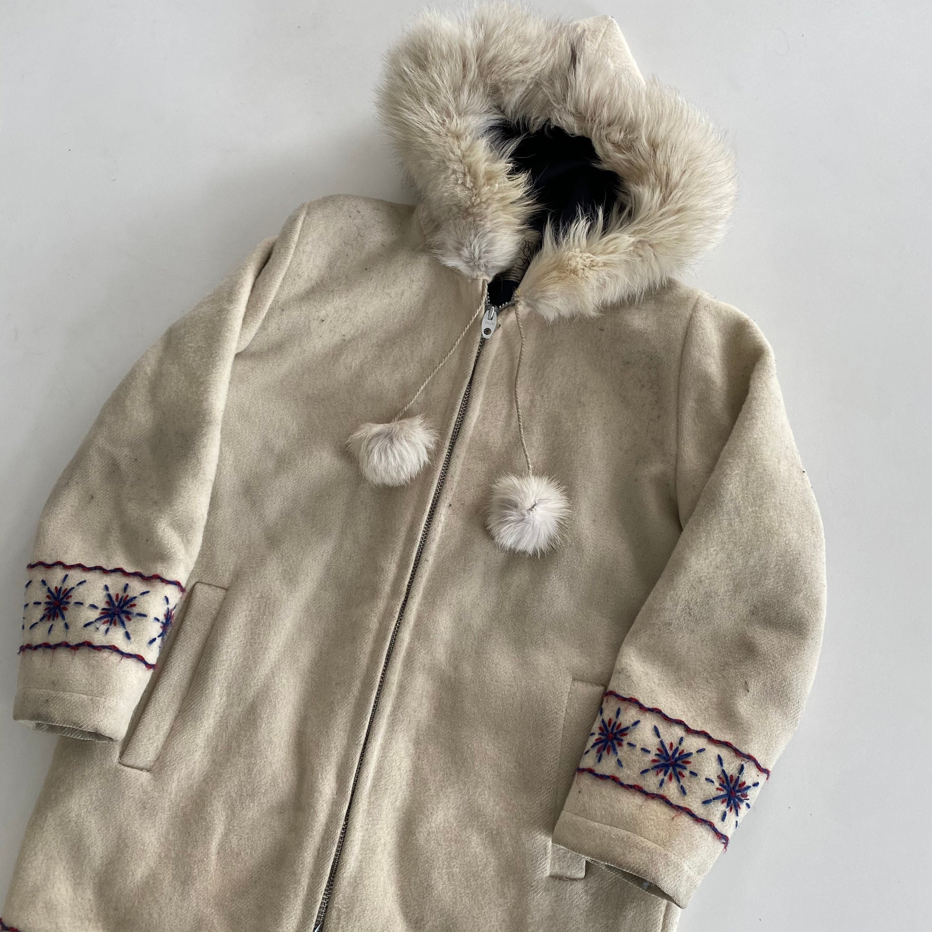 100% Wool Fur Trim Hooded Eskimo Parka Jacket with Pom Poms | Etsy