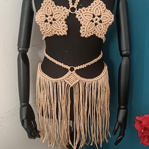 Handmade Macrame Crop Top and Mini Fringe Skirt Set – Floral Cup Design ...