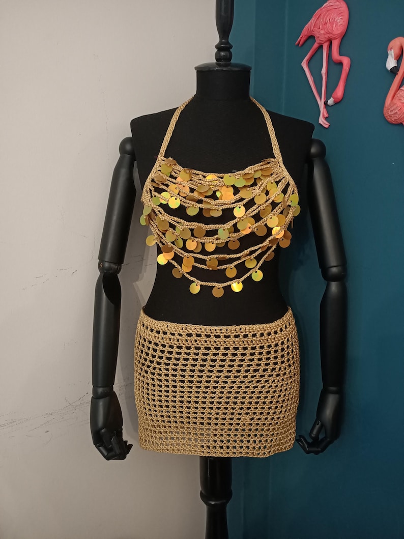 Gold Sequin Crochet Set – Handmade Mini Skirt & Sparkling Crop Top ...