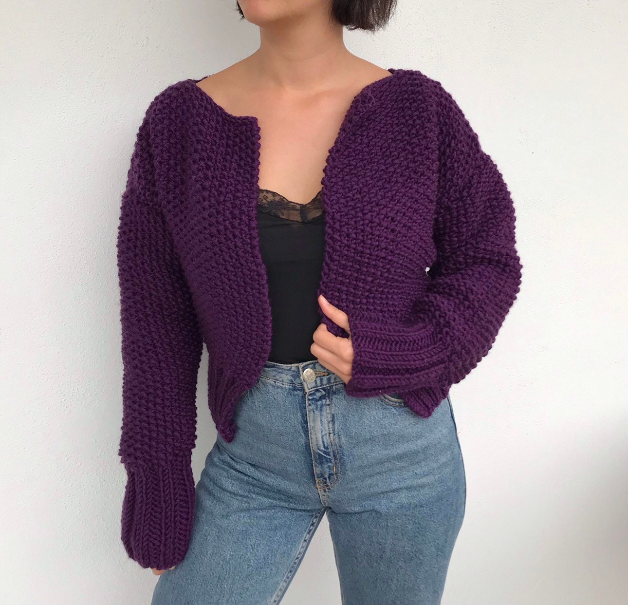 Purple Knitted Cardigan Handmade Cardigan Jumper Wool - Etsy