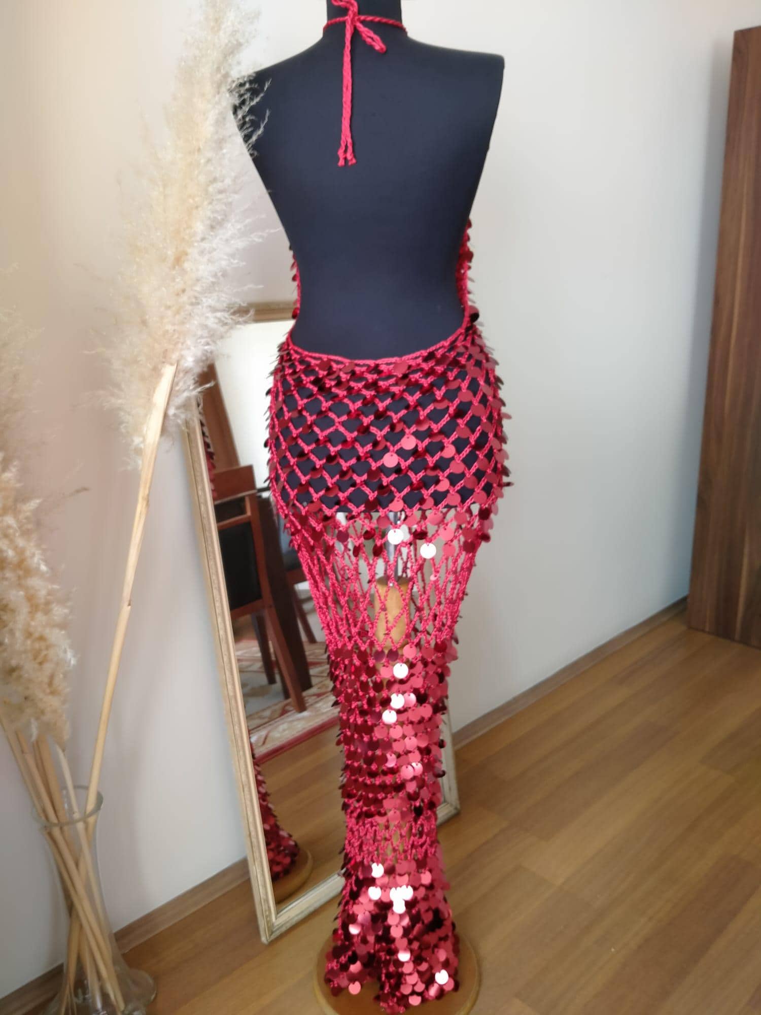 Rose Dress- Handmade Crochet Maxi Dress With Red Sequins – Eye-catching ...