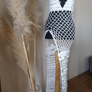 White Sequin Crochet Dress With Slit and Deep V-neck - Perfect for ...