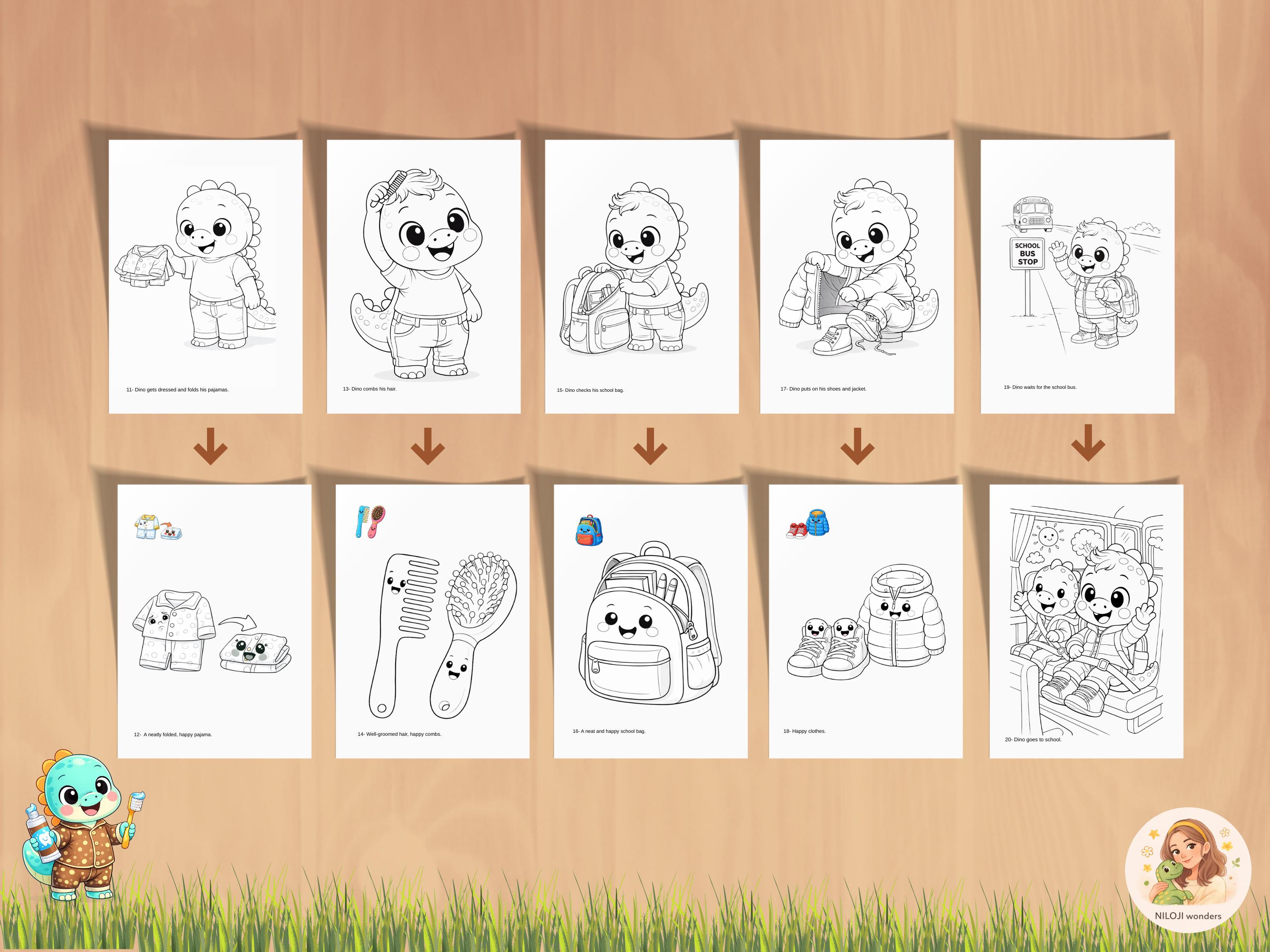 Dinosaur Morning Routine Coloring Pages for Kids | Cute Dino Daily ...