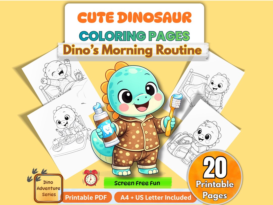 Dinosaur Morning Routine Coloring Pages for Kids | Cute Dino Daily ...